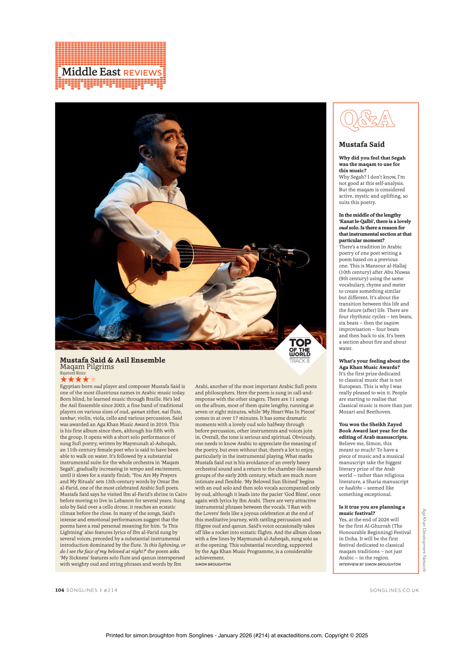 Interview by Simon Broughton | Songlines Magazine | Jan. 2026
