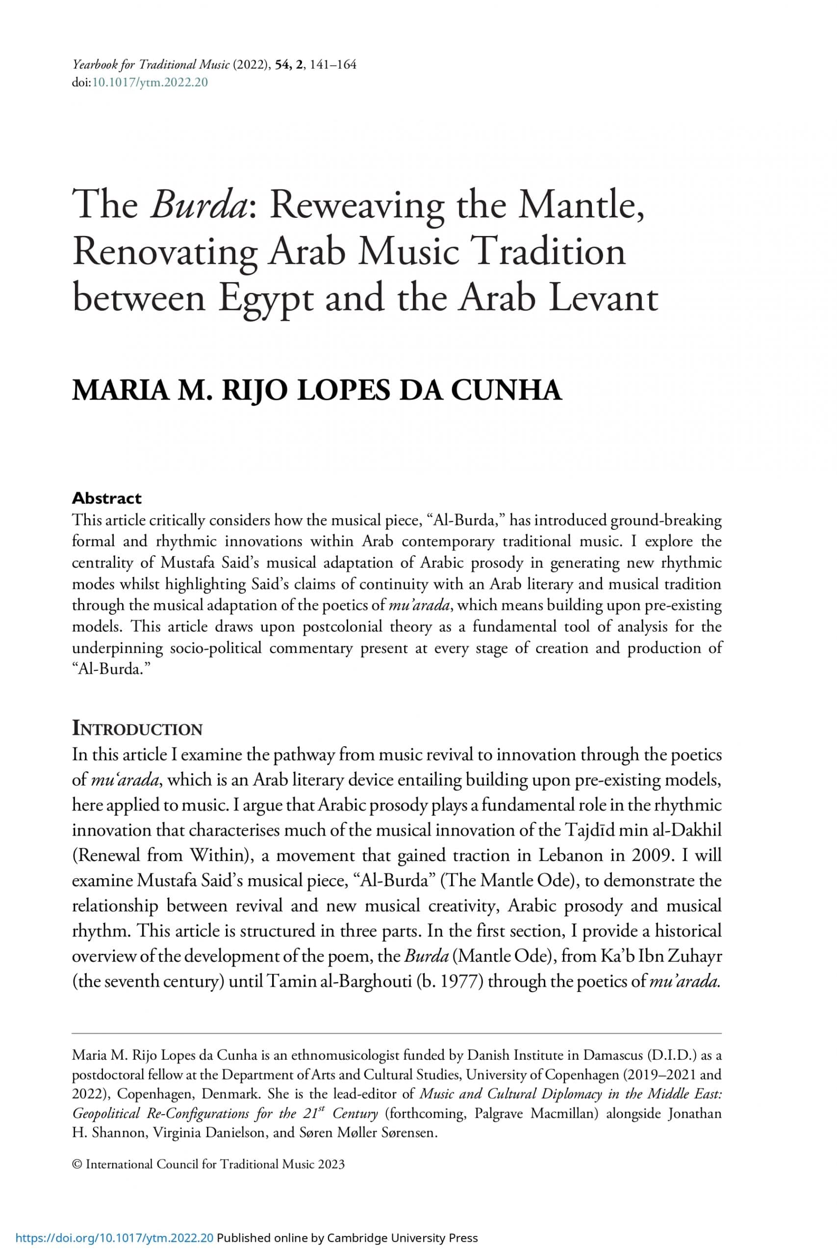 THE BURDA: REWEAVING THE MANTLE, RENOVATING ARAB MUSIC TRADITION ...